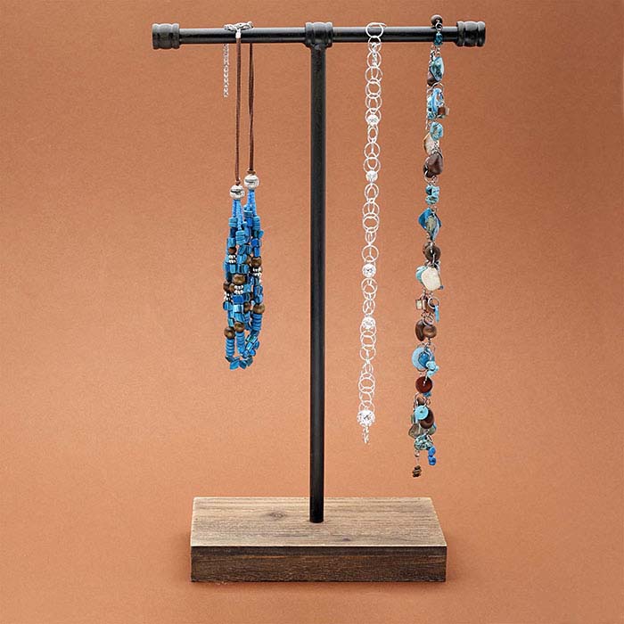 Industrial Metal and Wood Tall T Stand Necklace Display