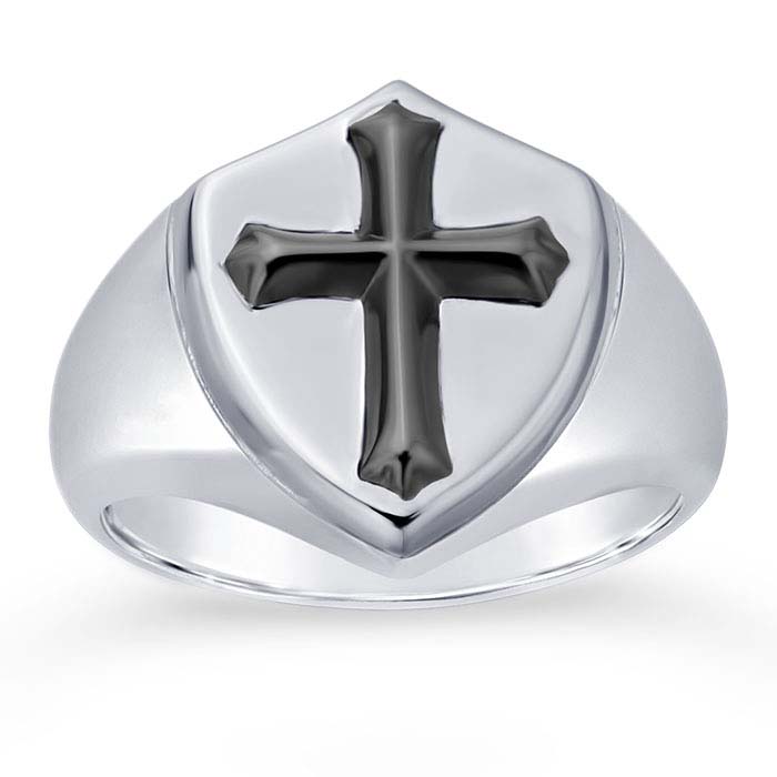 Sterling Silver Shield with Black Rhodium-Plated Cross Ring - RioGrande
