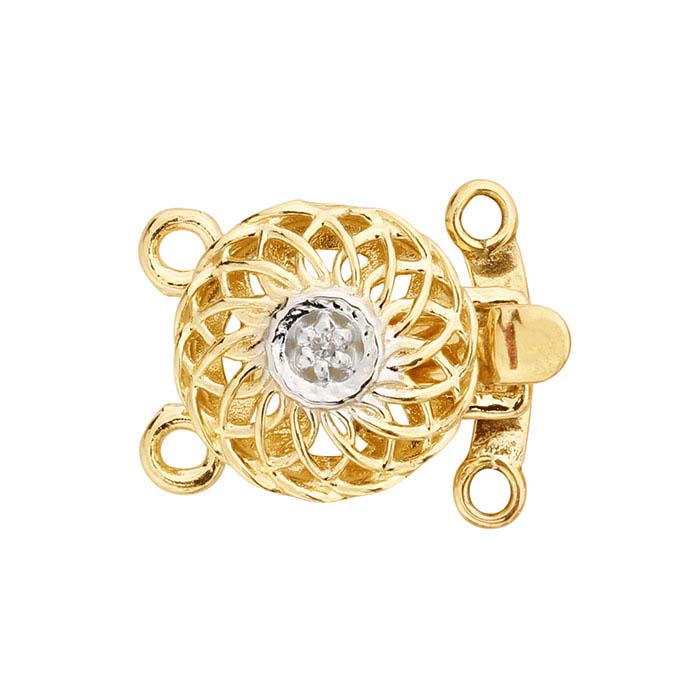 14K Yellow Gold Diamond-Set Filigree Round Safety Clasp, 2-Strand ...