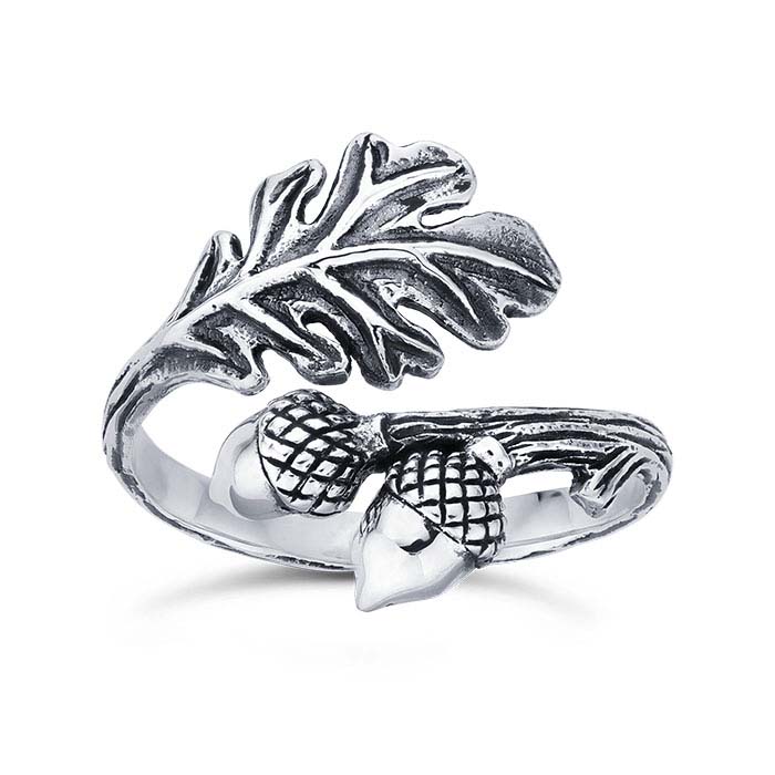 Sterling Silver Leaf & Acorn Bypass Ring, Adjustable - RioGrande