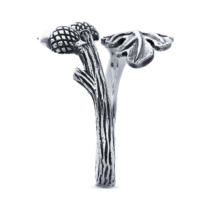 Sterling Silver Leaf & Acorn Bypass Ring, Adjustable - RioGrande